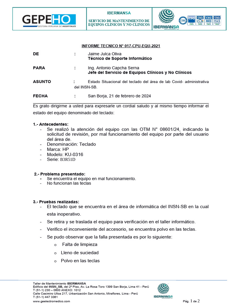 INFORME TECNICO BAJA teclado-CPU #017 | PDF