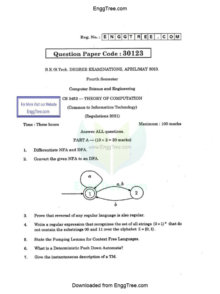 CS3452 Theory of Computation Apr May 2023 Question Paper Download | PDF