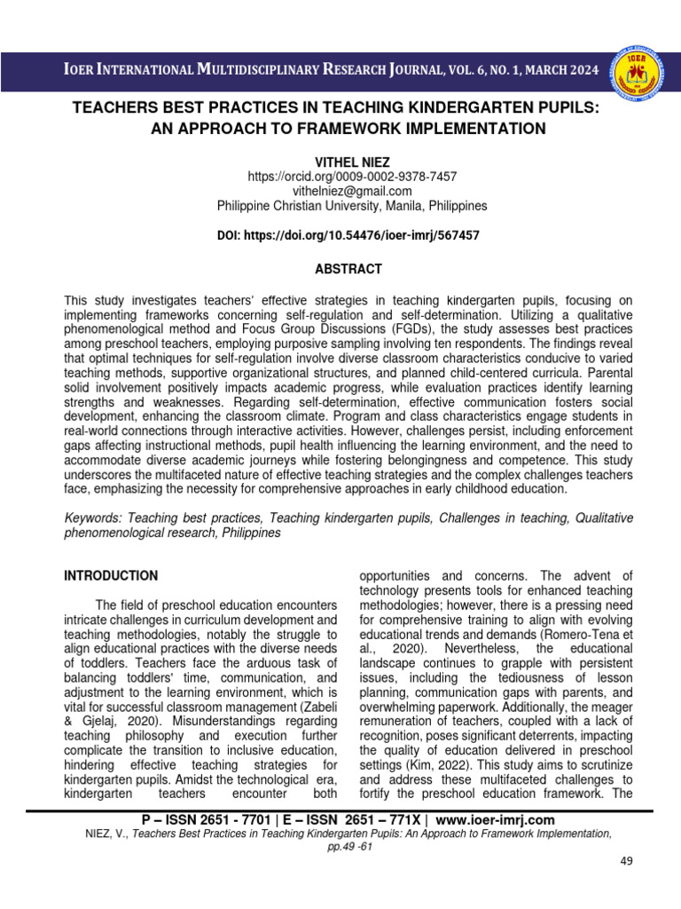 Teachers Best Practices in Teaching Kindergarten Pupils An Approach To ...