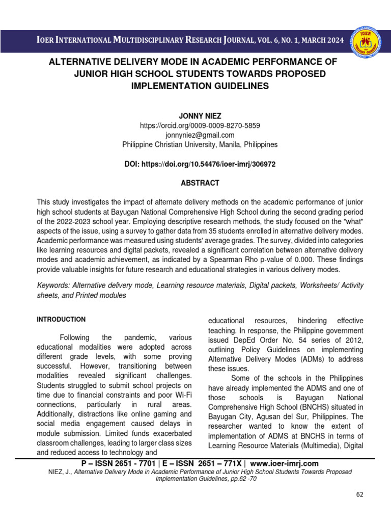 Alternative Delivery Mode in Academic Performance of Junior High School ...