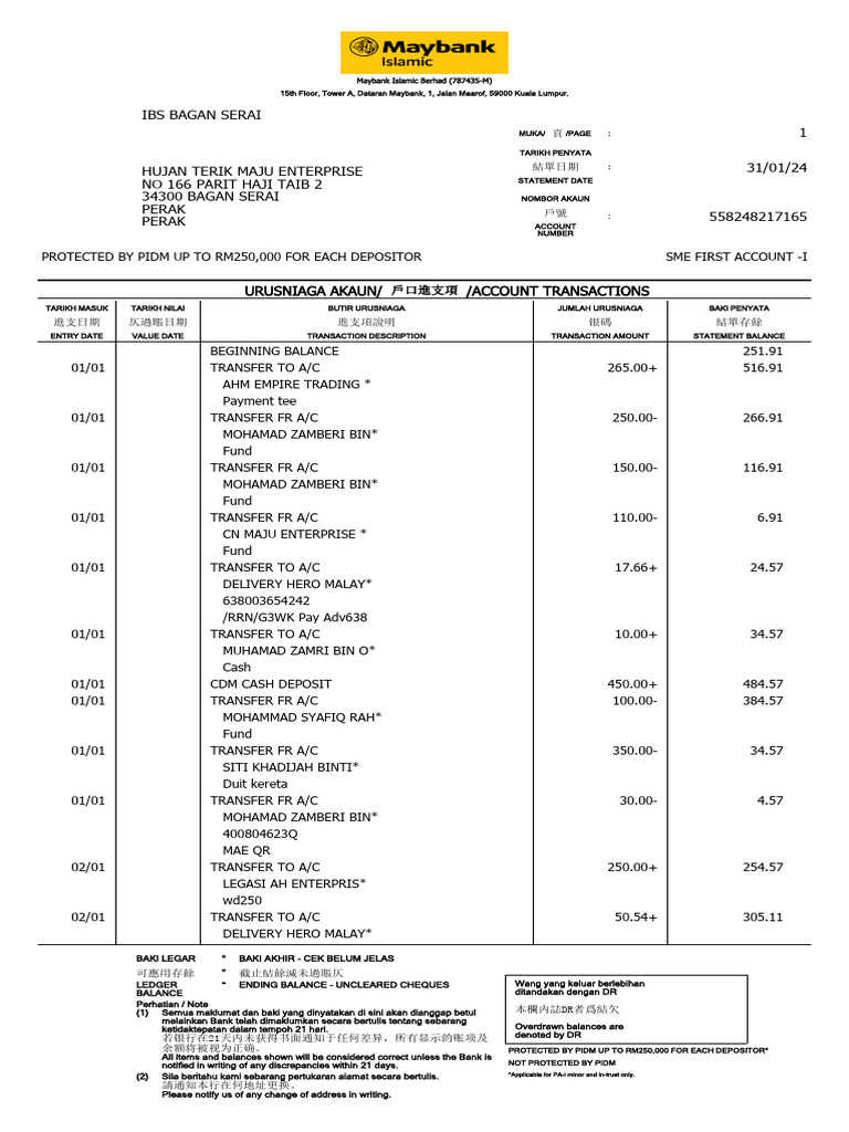 Statement January 2024 | PDF | Deposit Account | Overdraft
