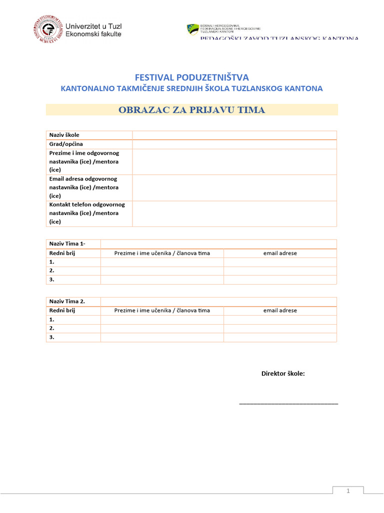 Festival Poduzetnistva - Obrazac Za Prijavu Tima - Konacno | PDF