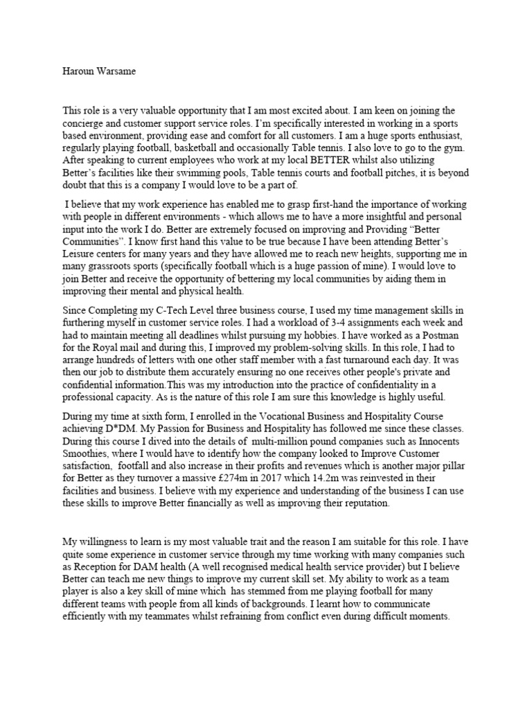 Haroun Warsame Cover Letter - BETTER GLL | PDF | Sports