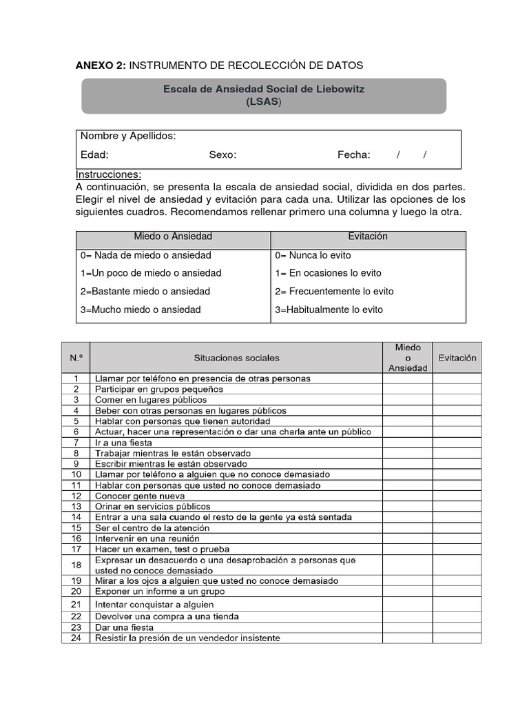 Escala de Ansiedad Social (L-Sas) | PDF
