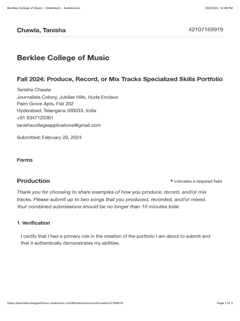 Berklee SlideRoom Submission: Tanisha Chawla | PDF