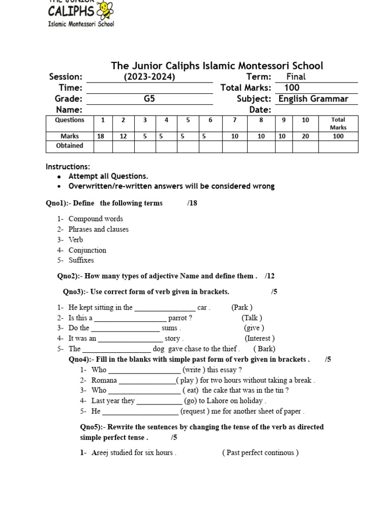Grade 5 English Grammar Exam Paper | PDF | English Grammar | Verb