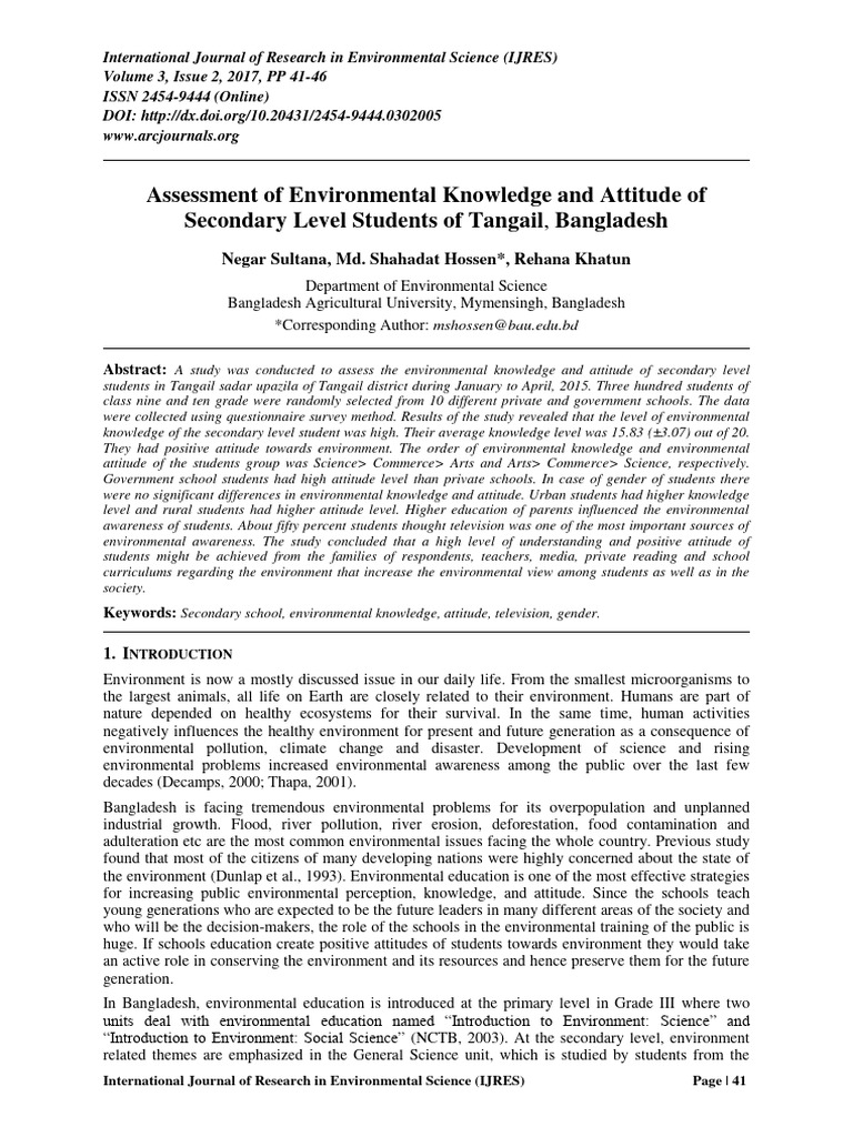 Assessment of Environmental Knowledge and Attitude of Secondary Level ...