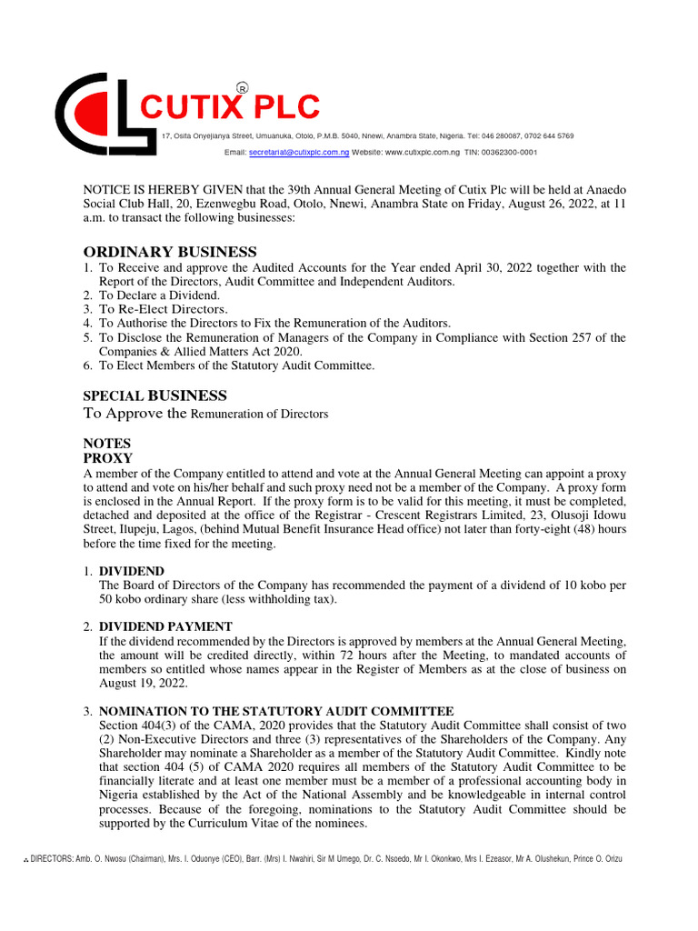 Cutix PLC Notices of Annual General Meeting (Agm) | PDF | Dividend | Business