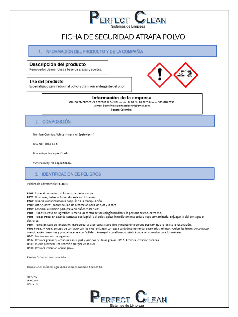 FICHA DE SEGURIDAD ATRAPA POLVO | PDF | Agua | Química