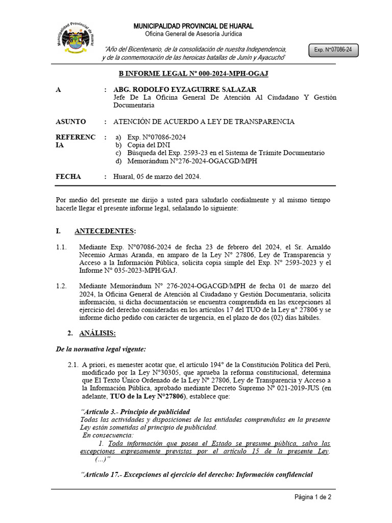 Informe Legal Nº000-2024, Solicitud Por Ley de Transparencia ...