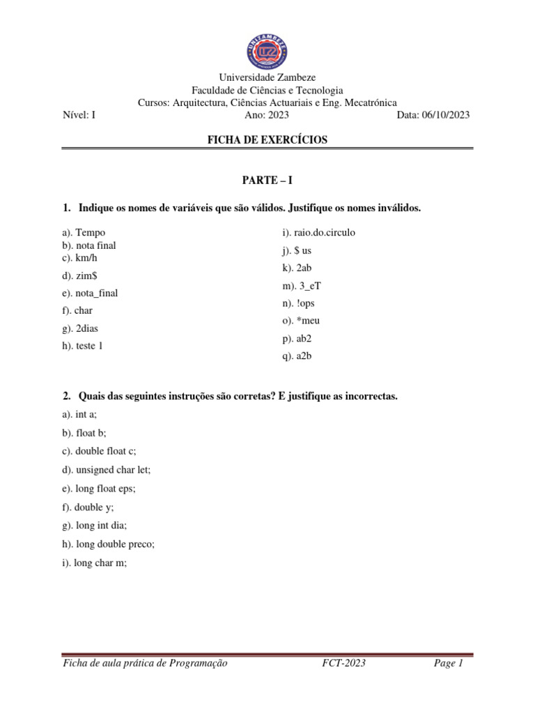 Ficha de Exercicios Inf. Ii - Final | PDF