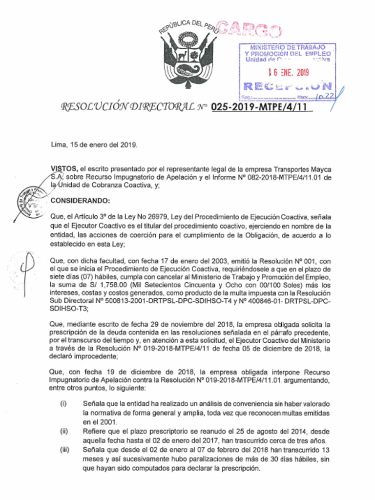 R.D. N 025 - 2019-Mtpe - Ucc - Declarar Infundado El Recurso Impugnatoria de Apelacion de La ...