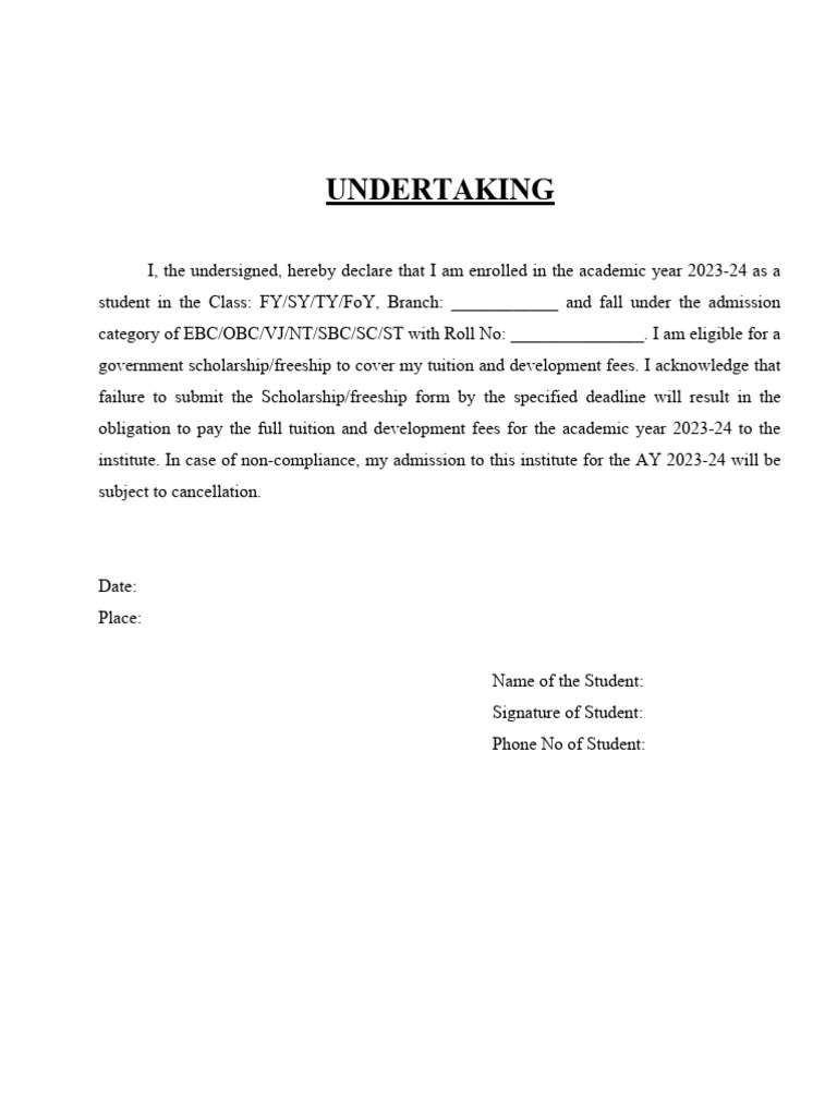Scholarship Undertaking Form 2023-24 | PDF