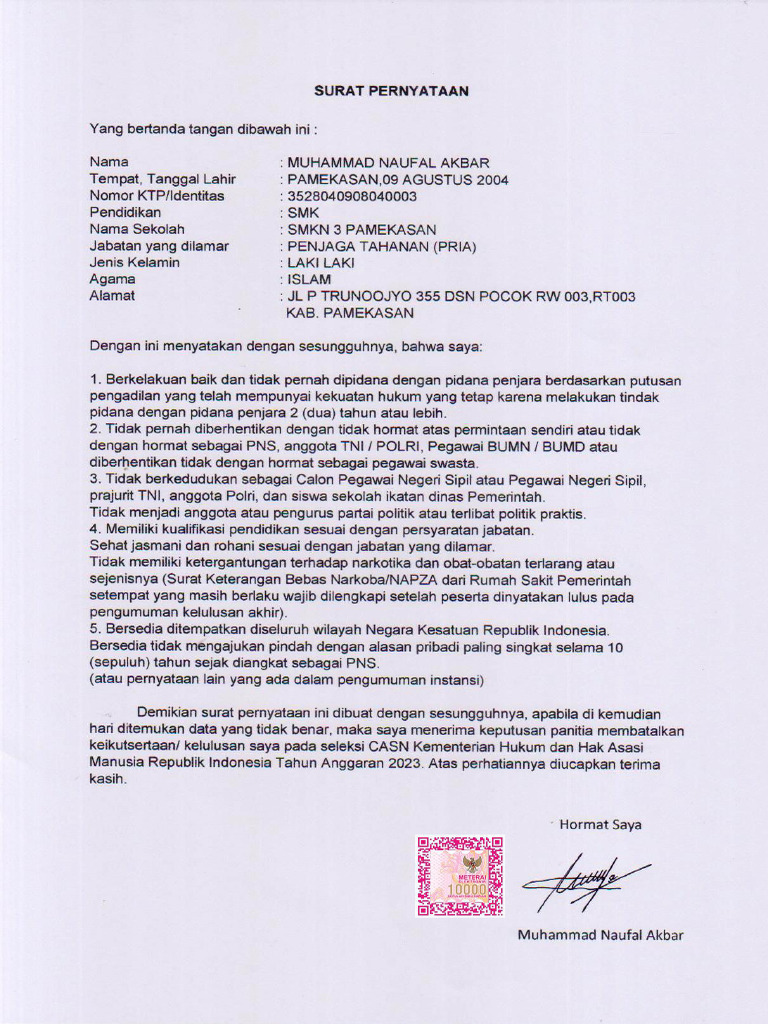 Surat Pernyataan e Materai | PDF