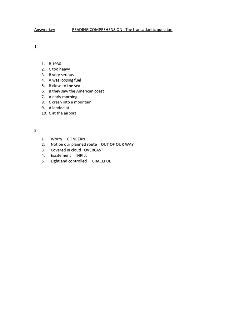 Answer Key Reading Comprehension The Transatlantic Question | PDF