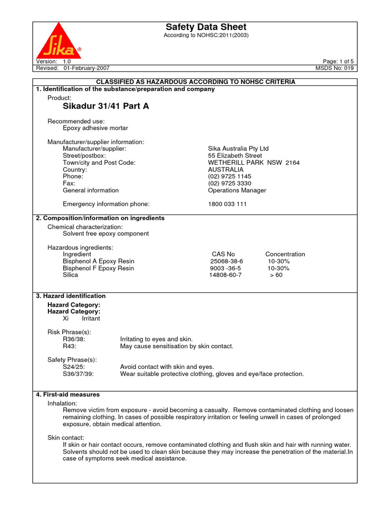 SM EPR Sikadur-31-41 Part A MSDS | PDF | Dangerous Goods | Personal ...
