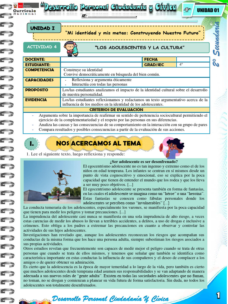 4° DPCC - Actv.04-Uni.1 2024 | Descargar gratis PDF | Adolescencia | Comportamiento