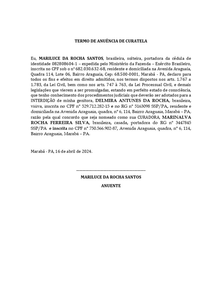 Termo de Anuencia Curatela | PDF