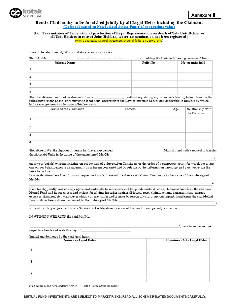 Indemnity Bond for Mutual Fund Transfer | PDF | Damages | Surety