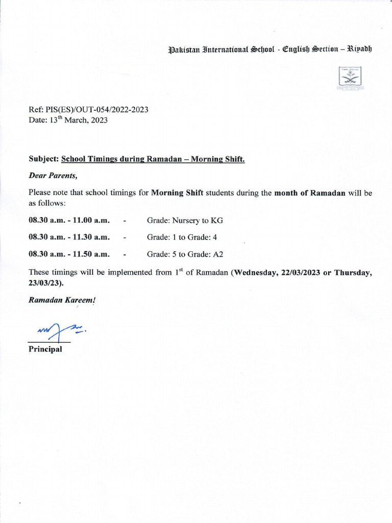 Ramadan Timings - Morning Shift | PDF