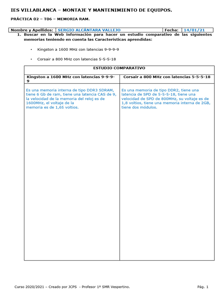 Práctica 02 - T06 Memoria RAM | PDF | Memoria de acceso aleatorio | Memoria del ordenador