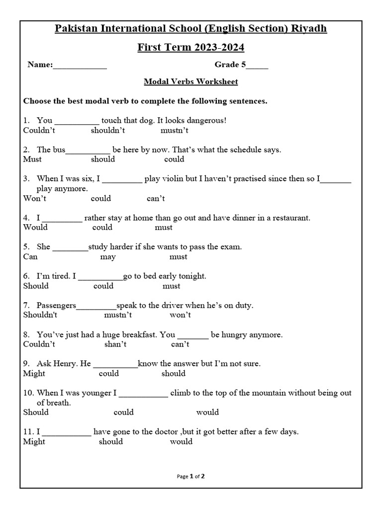 Modal verbs- Grade 5 | PDF | Linguistic Typology | Grammar