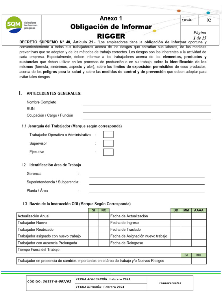 Formato ODI SQM | PDF | Seguridad y salud ocupacional | Dolor lumbar