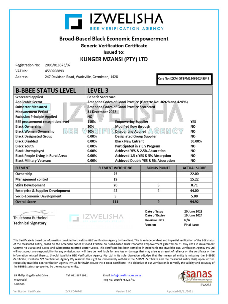 BEE Level 3 Certificate for KLINGER MZANSI | PDF | Empowerment | Economies