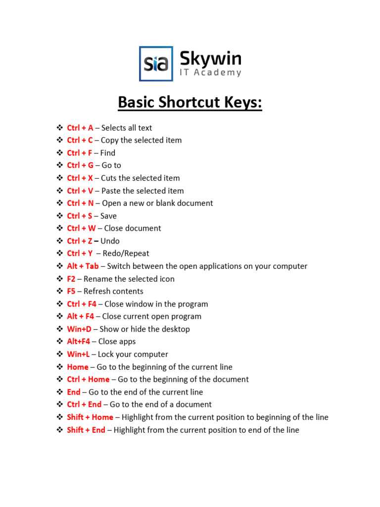 Basic Shortcut Keys | PDF