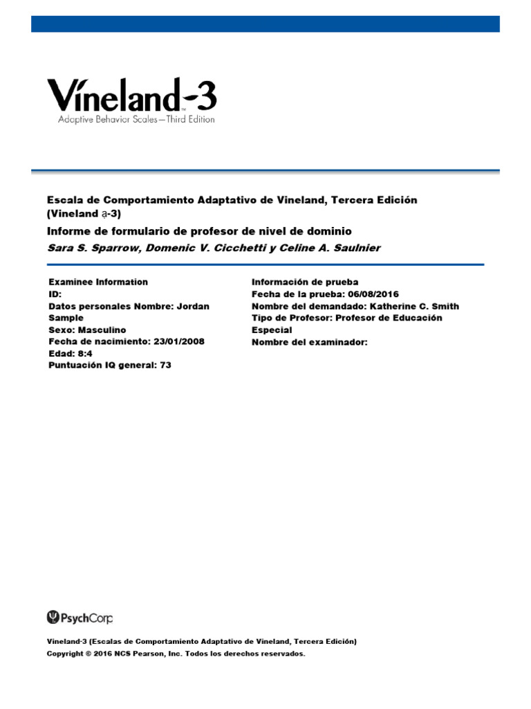 Vineland 3 Domain Level Teacher Form Sample Report | PDF