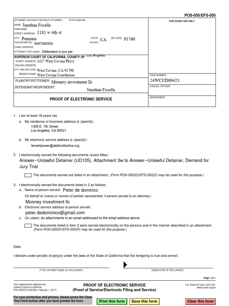 Proof of Electronic Service (POS-050) | PDF | Pro Se Legal ...