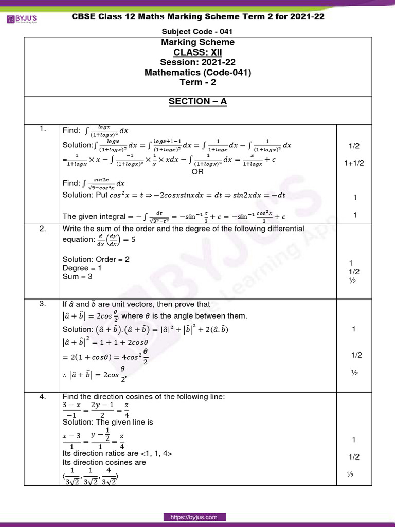 Cbse Class 12 Maths Marking Scheme Term 2 For 2021 22 Pdf Mathematical Objects