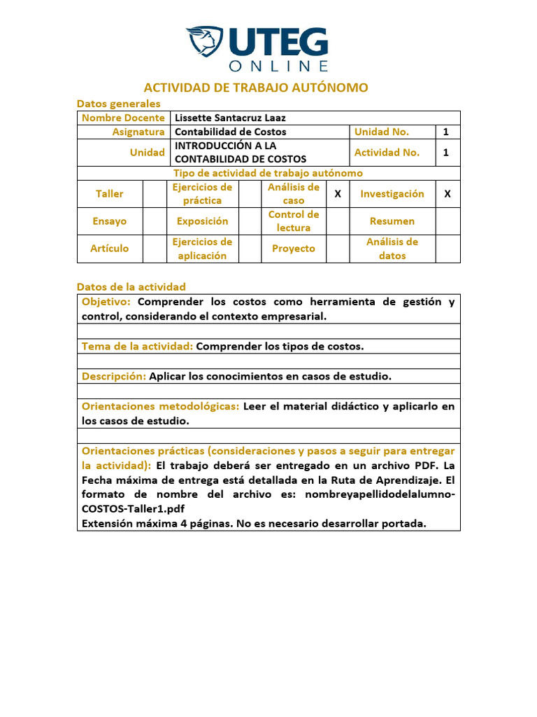 TALLER UNIDAD 1 CONTABILIDAD DE COSTOS | PDF | Contabilidad | Business