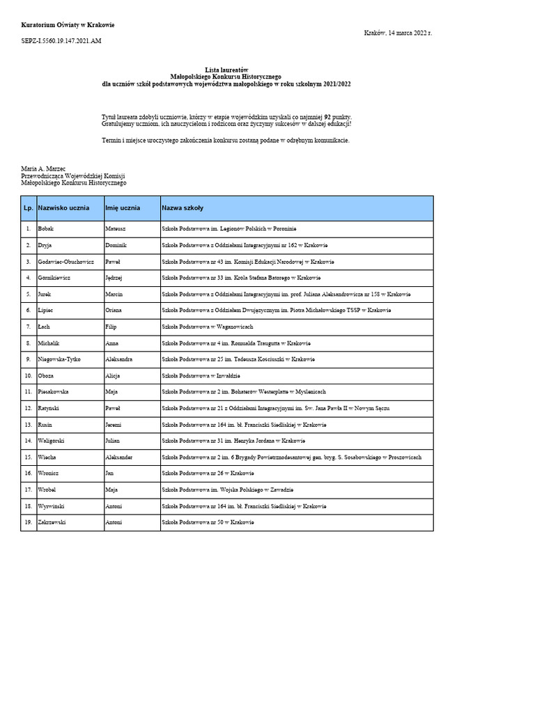Komunikat nr-8 Lista Laureatow MKH 2021.22 | PDF
