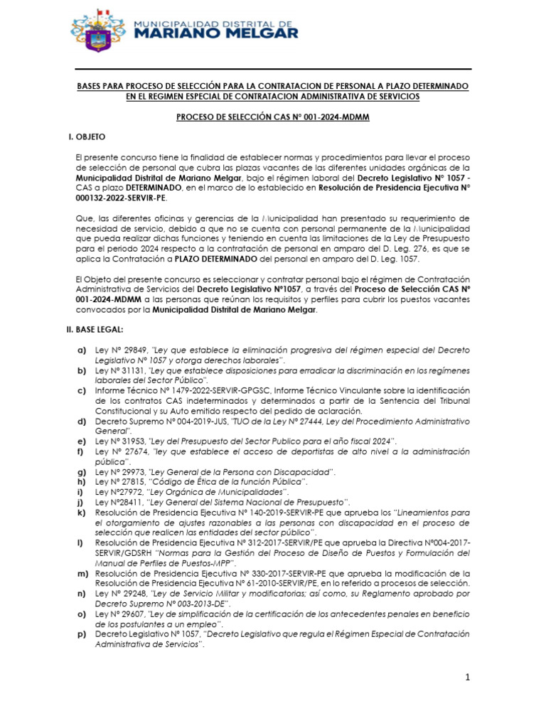 Bases para Proceso de Seleccion Cas N°001 2024 MDMM | PDF | Ley ...