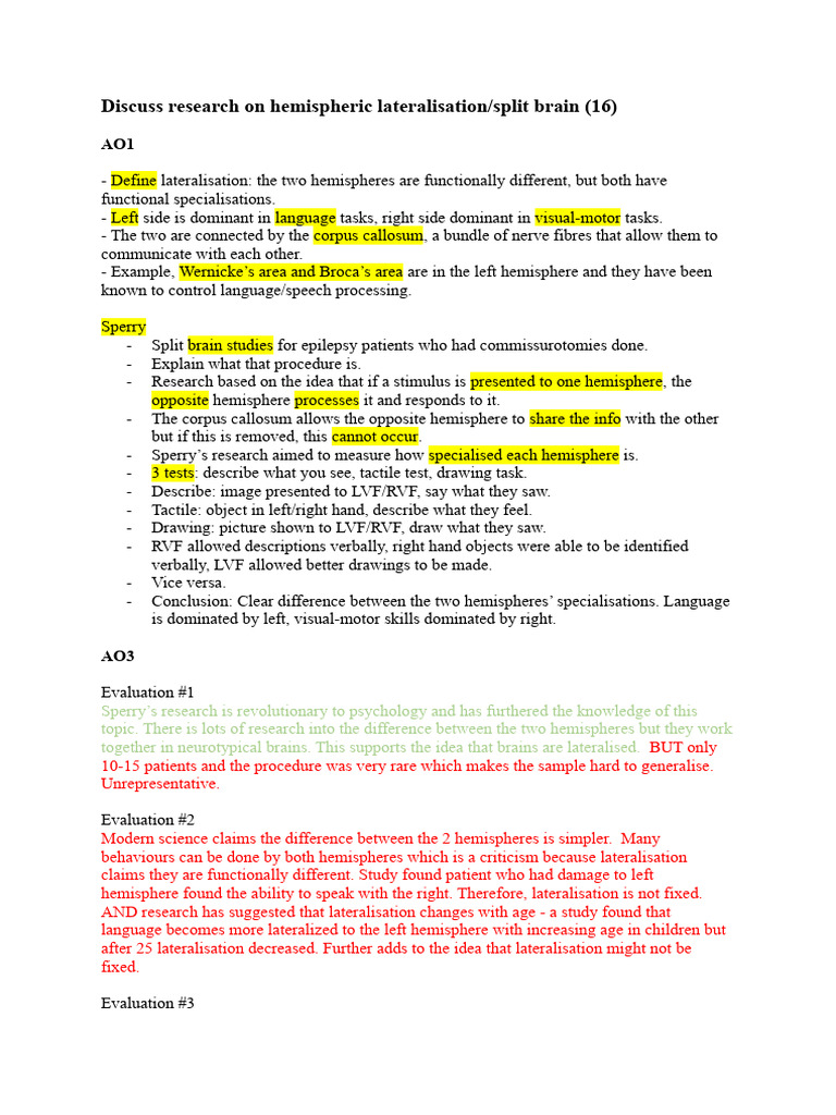 Split Brain Research and Lateralisation | PDF | Lateralization Of Brain ...