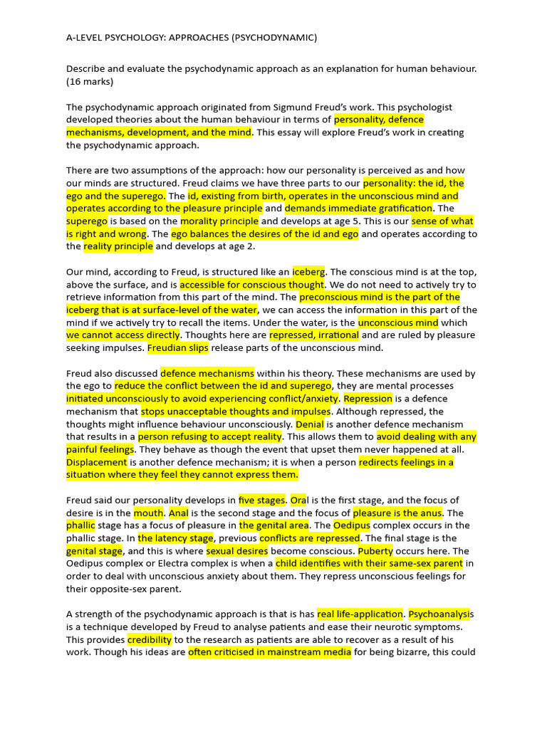 Psychodynamic Approach in A-Level Psychology | PDF | Id | Psychodynamics