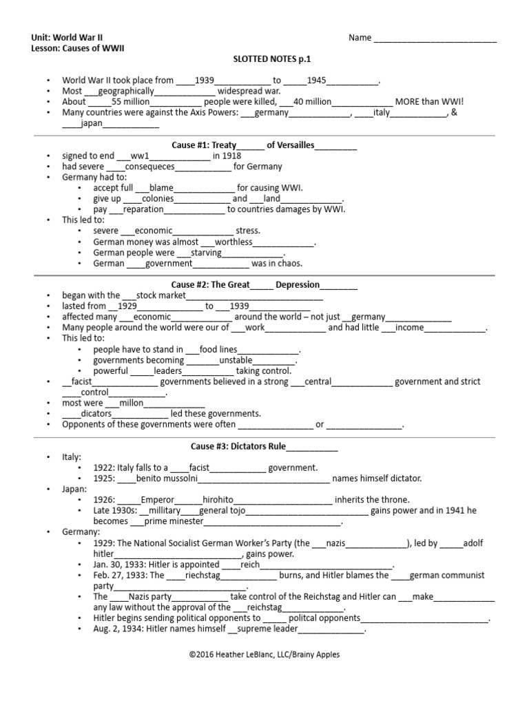 Copy of Causes of WWII Slotted Notes Editable.docx | PDF | World War II ...