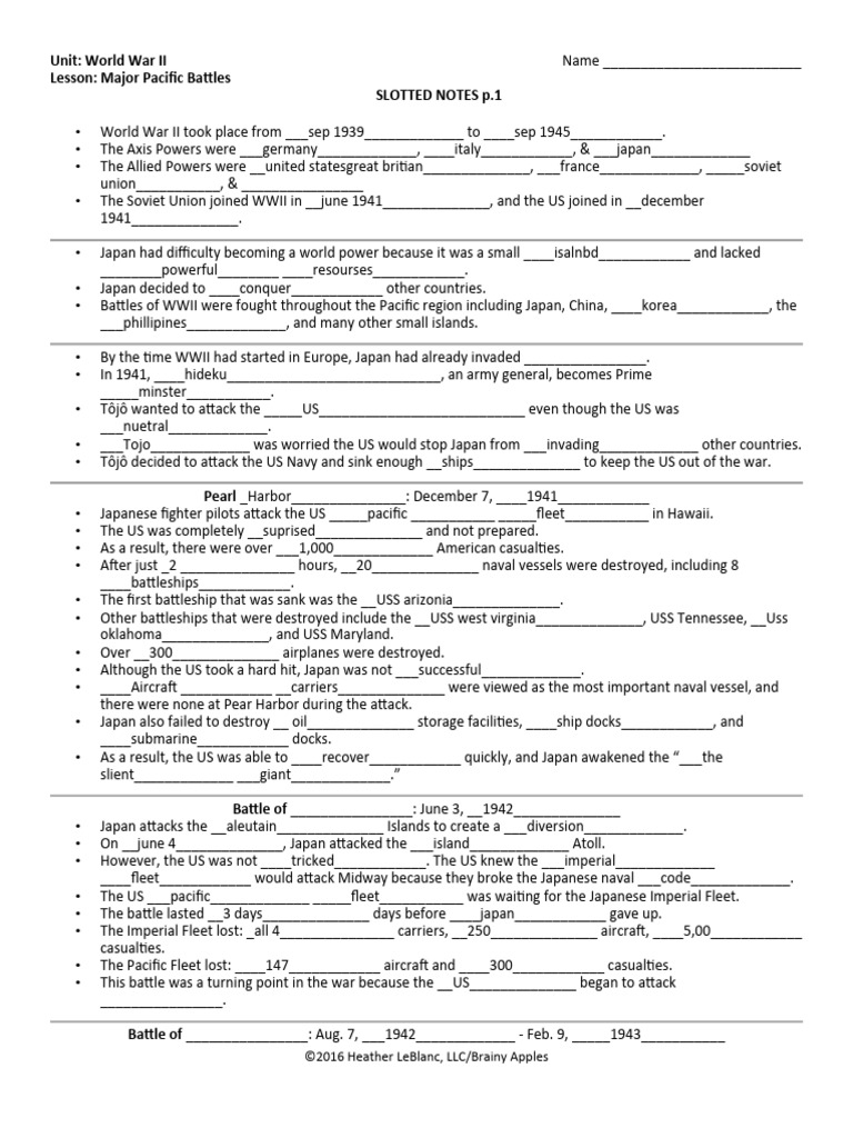 Major Pacific Battles of WWII Slotted Notes Editable | PDF | World War ...