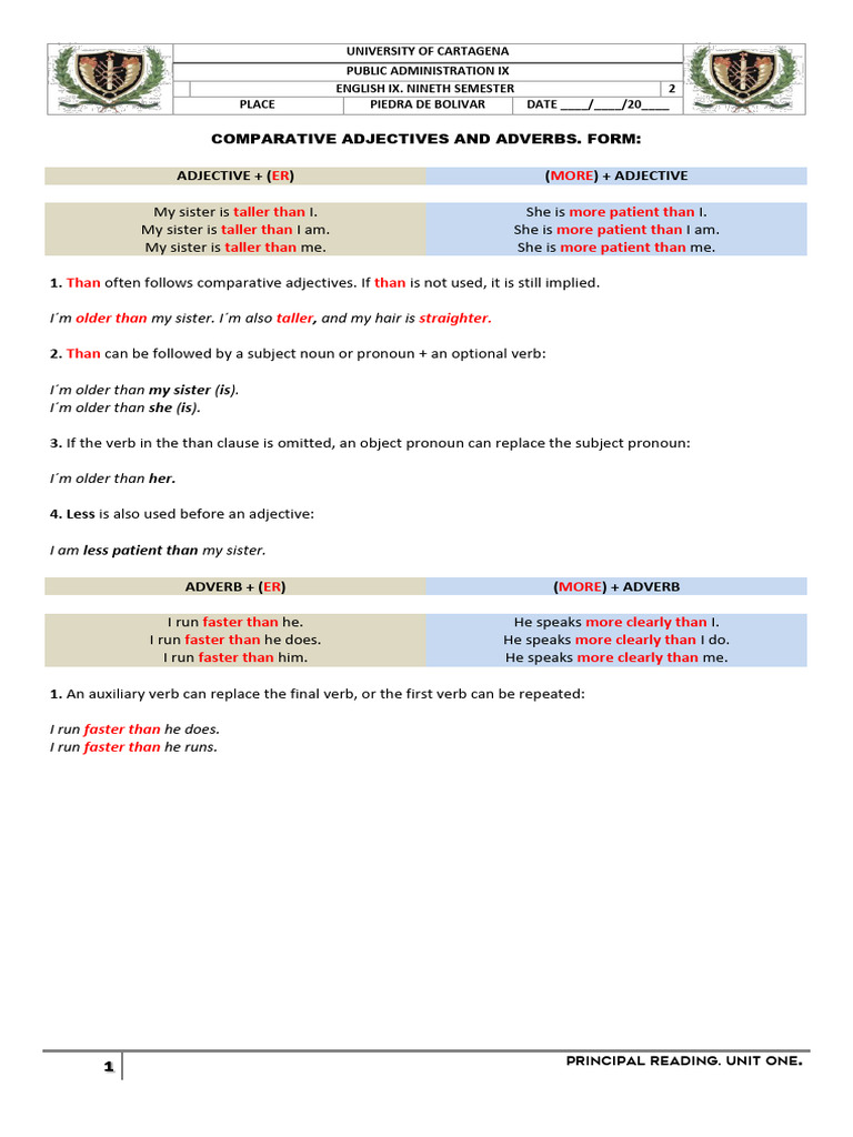 Lecturas Principales. Comparative Adjectives and Adverbs. Form. | PDF