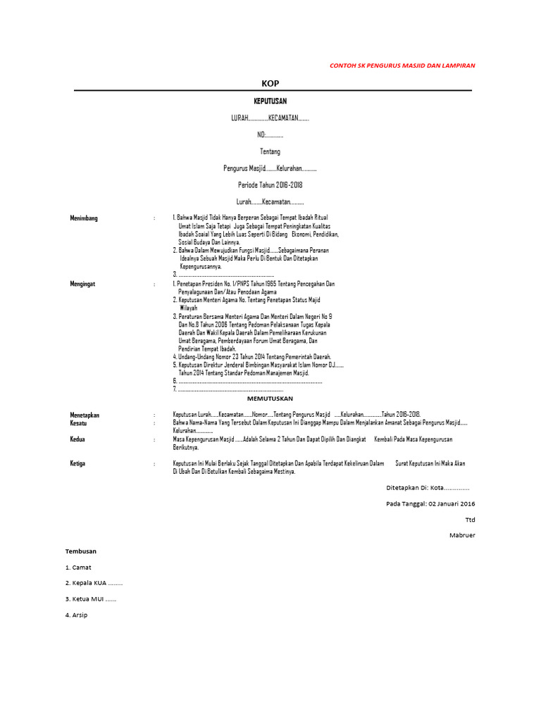 Publik-Versi Ketik-CONTOH SK PENGURUS MASJID DAN LAMPIRAN | PDF | Pengelolaan Keuangan & Uang
