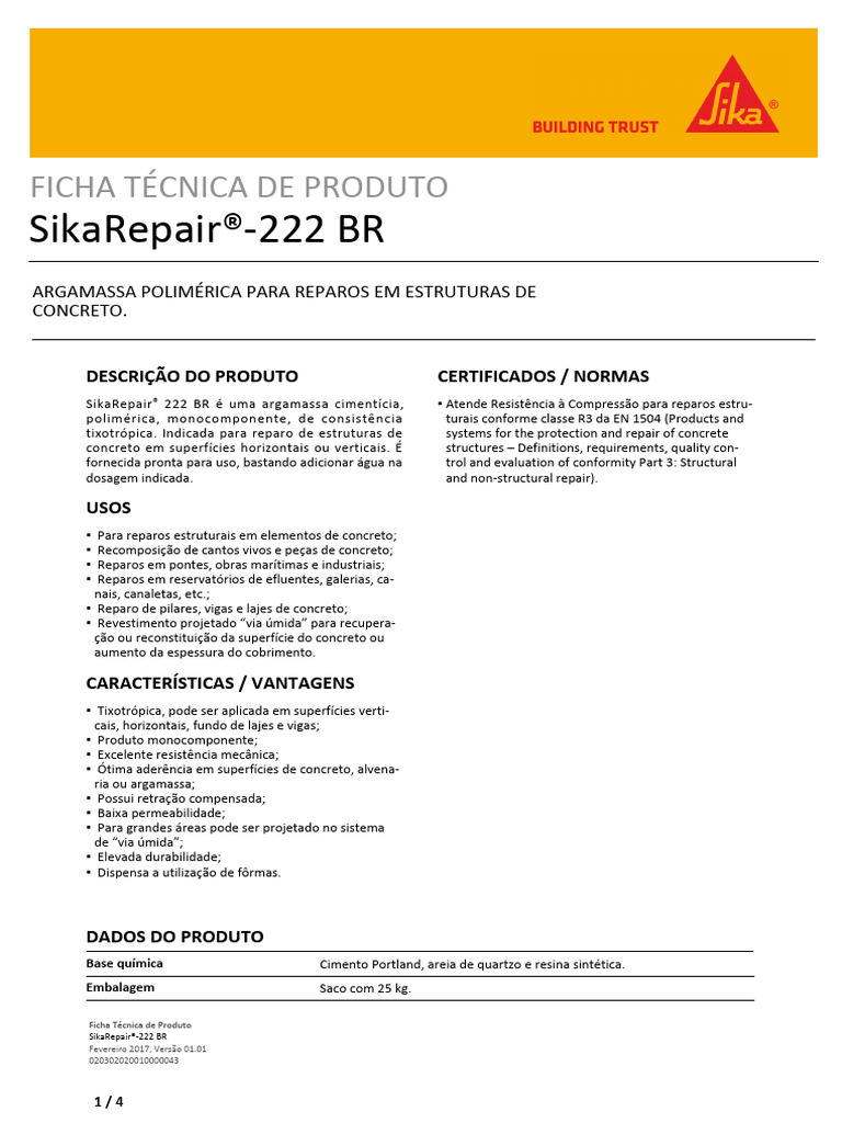 SikaRepair 222 BR | PDF | Argamassa (alvenaria) | Concreto