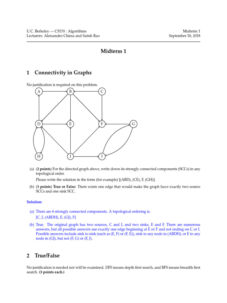 cs170 Fa2018 mt1 Rao Soln | PDF | Graph Theory | Theoretical Computer ...
