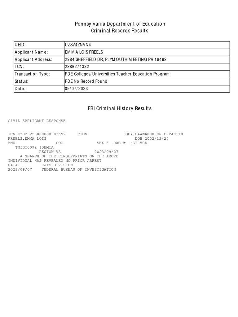 Pennsylvania Criminal Record Check Results | PDF | Law