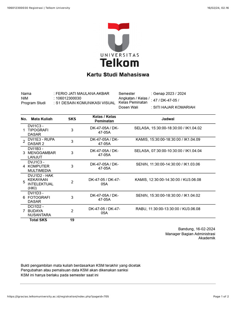KSM 106012300030 Registrasi - Telkom University | PDF