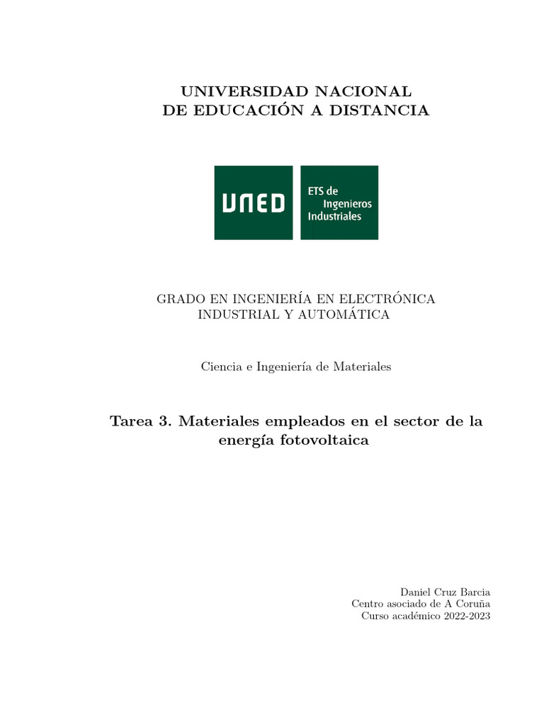 Tarea 3. Materiales empleados en el sector de la energía fotovoltaica | PDF | Célula solar ...