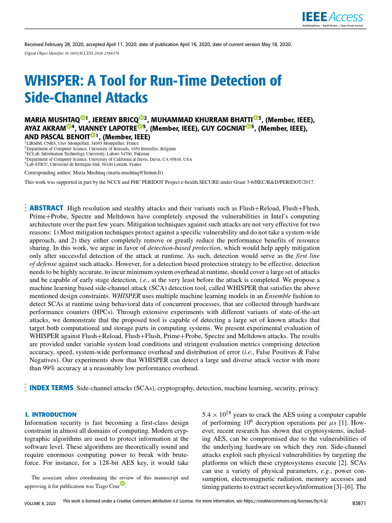 WHISPER A Tool For Run-Time Detection of Side-Channel Attacks | PDF | Cpu Cache | Central ...