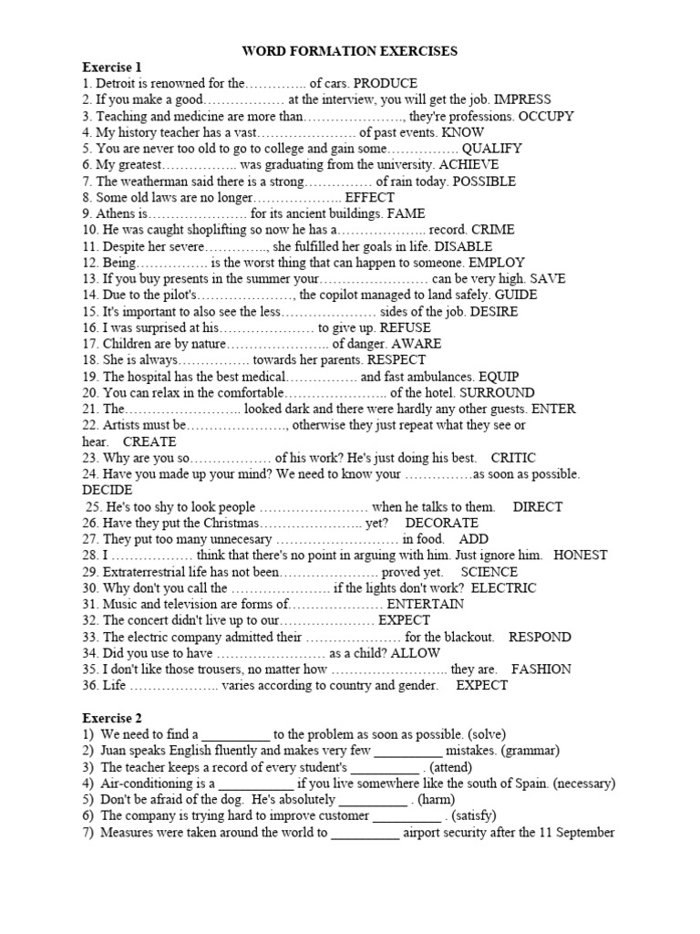 Word Formation Exercises | PDF