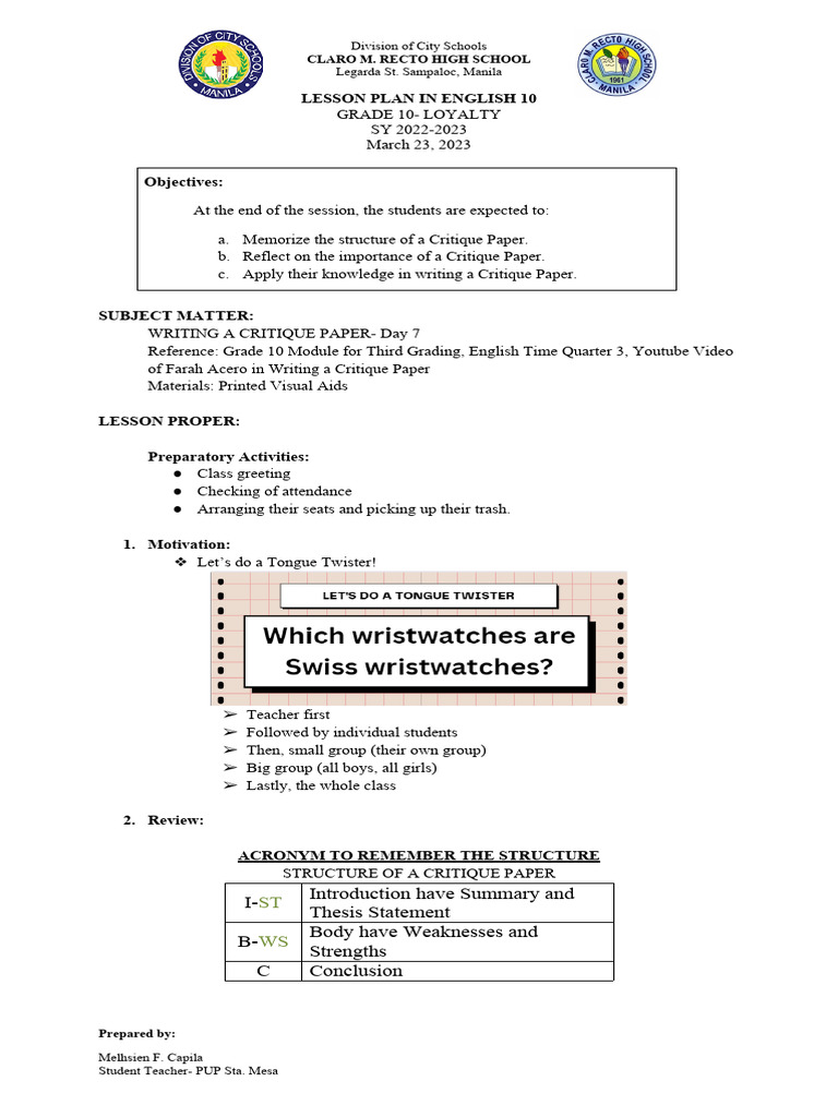 03-23-23 LESSON PLAN | PDF | Essays | Teachers