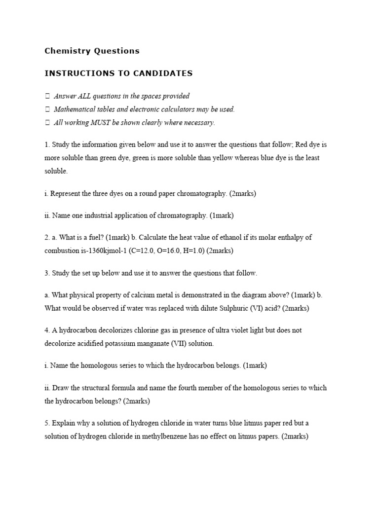 Chemistry Questions | PDF | Solubility | Diet & Nutrition